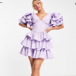 ASOS | Dresses | Lilac Ruffle Tiered Mini Dress Corset Puff Sleeve V ...